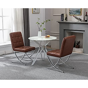 CIMOTA Modern Tufted Dining Chairs Set of 2 Upholstered Leather Dining Room Chairs Kitchen Chairs Comfy Armless Side Chairs with Chrome Metal X Legs for Dining Room/Living Room, PU Brown/2PCS
