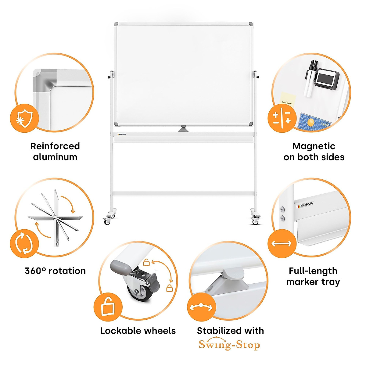Rolling Magnetic Whiteboard 48 x 36 - Large Portable Dry Erase Board with Stand - Double Sided Easel Style Whiteboard with Wheels - Mobile Standing Whiteboard for Office, Classroom & Home