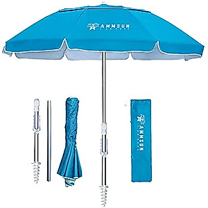 AMMSUN 6.5ft twice folded compact Portable beach umbrella with sand anchor windproof, Push Button Tilt Air vent UV 50+ Protection Fits in a large Suitcase for travel Patio Garden Pool Backyard Sky Blue