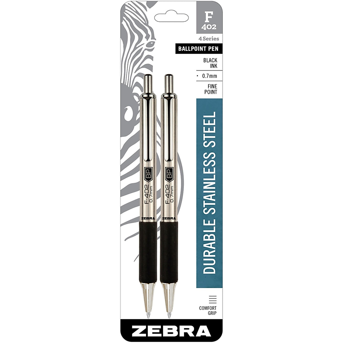 Zebra Pen F-402 Retractable Ballpoint Pen, Stainless Steel Barrel, Fine Point, 0.7mm, Black Ink, 2-Pack
