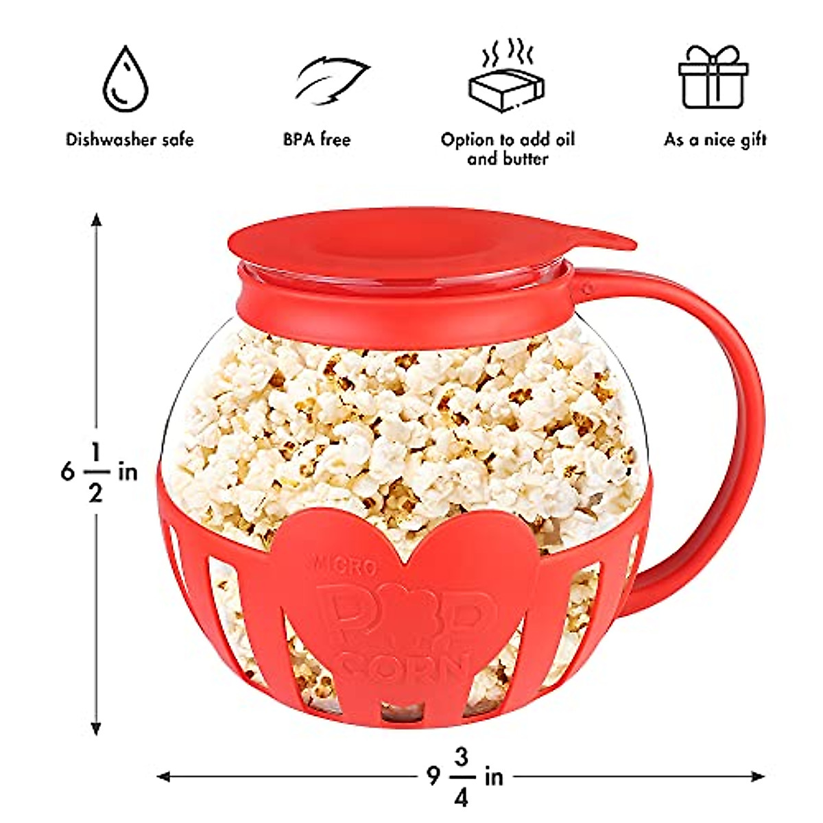 The Original Korcci 3 Quart Microwave Glass Popcorn Popper, Borosilicate Glass, Dishwasher Safe, 3-in-1 Silicone Lid, BPA Free, Family Size (Red)