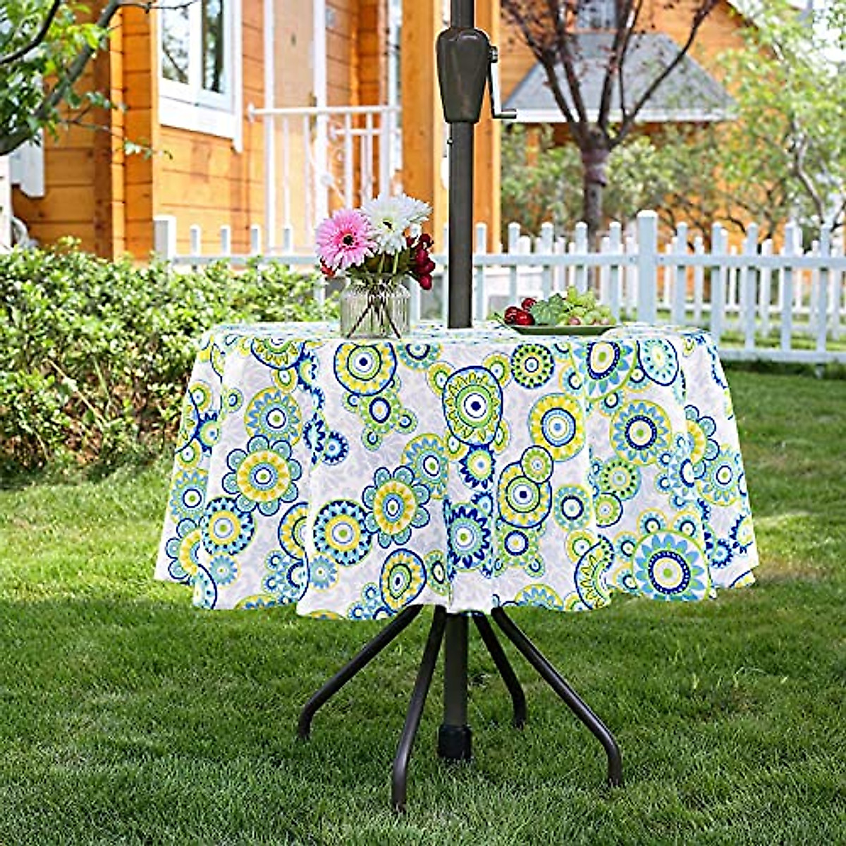 Lamberia Waterproof Tablecloth with Umbrella Hole, 60 Inch Round Tablecloth, Spring/Summer Table Cover for Garden(60" Round, Zippered, Light Blue)