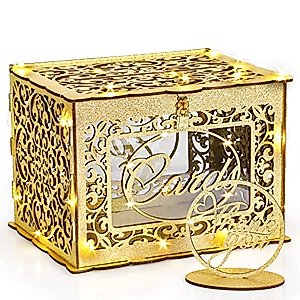 Gold Wedding Card Box with Lock and LED Fairy Lights, Wooden Gift Card Box Money Box Holder for Wedding Reception, Graduation Party, Bridal Shower, Keepsake Party Favor, Cosmetic Home Decor