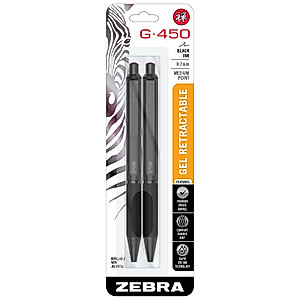 Zebra Pen G-450 Retractable Gel Pen, Black Brass Barrel, Medium Point, 0.7mm, Black Ink, 2 Count (Pack of 1) (49512), Black, Refillable