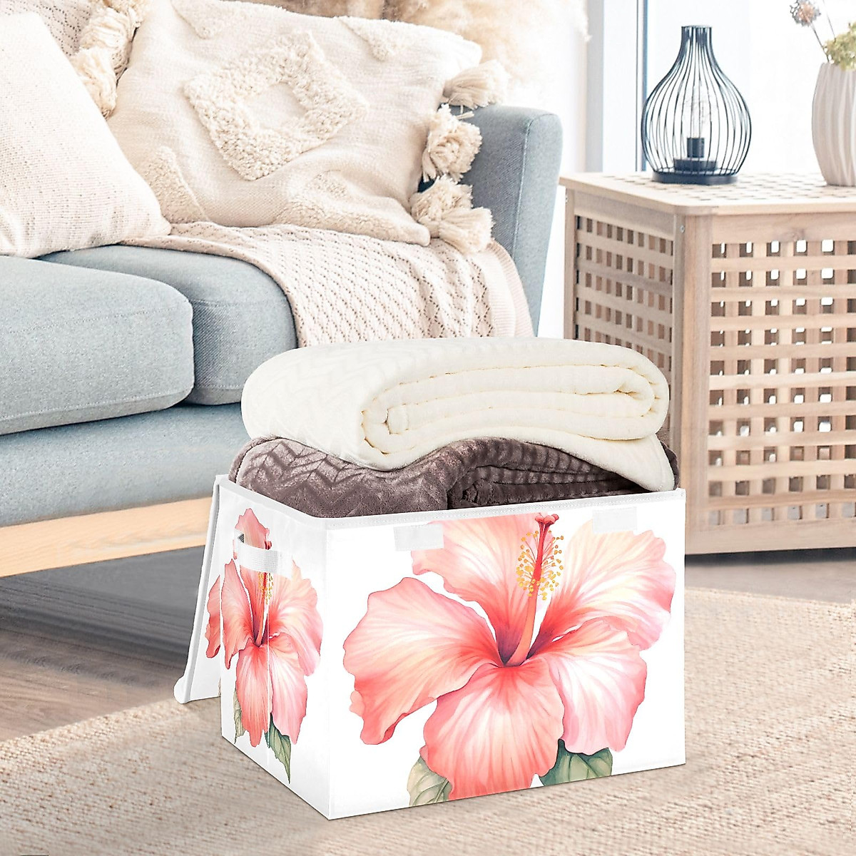ALAZA Storage Bins Organizer Box Baskets Lidded Clothes for Shelves Closet Hibiscus Flower Collapsible Stackable Storage Cubes Handles
