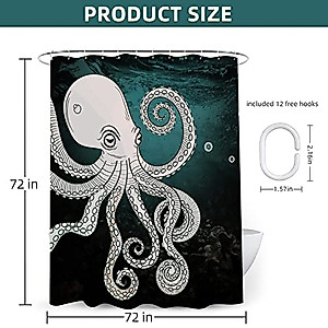 VEGA U Octopus Shower Curtain for Bathroom, Sea Animal Themed Bath Decor with Hooks, 72x72 Inch