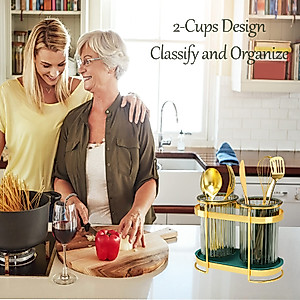 Zarnicy Kitchen Utensil Holder for Countertop - Cooking Utensils Silverware Caddy Organizer, Flatware Storage Cutlery Crock, Upgraded 2-Cups Drying Utensil Container With Drain Tray