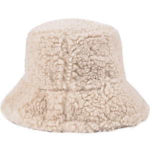 ChezAbbey Faux Fur Bucket Hat, Fuzzy Furry Winter Warm Fisherman Cap, Fluffy Teddy Sherpa Clothe Hats for Women Men Girls Beige