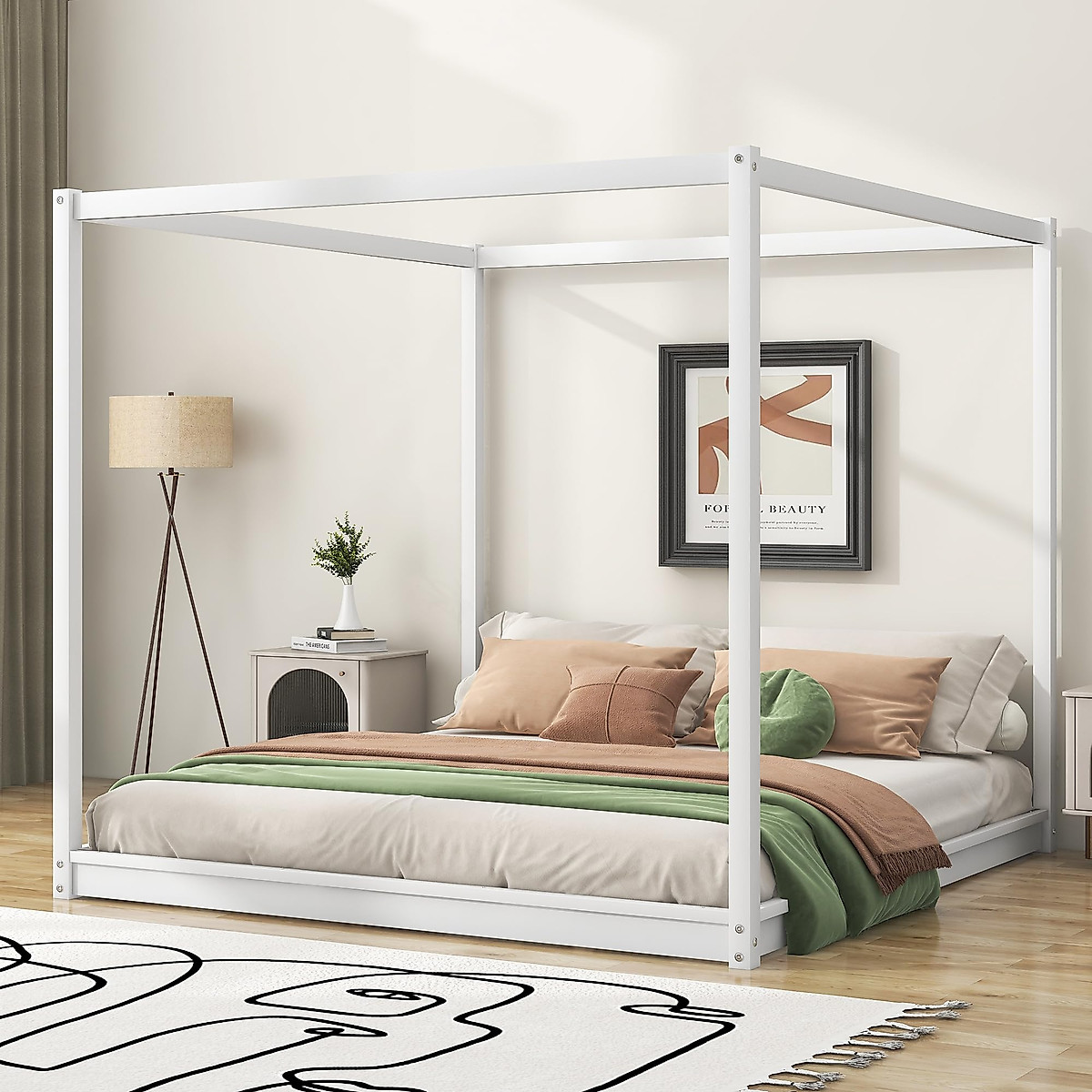 Mirightone King Size Canopy Bed Frame Wood Floor Bed Frame with Slats 4 Poster Bed King Platform Bed with Wood Support Legs, No Box Spring Needed, White