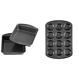 Wilton Perfect Results Premium Non-Stick 8-Inch Square Cake Pans, Set of 2, Steel Bakeware Set & Perfect Results Premium Non-Stick Bakeware Muffin Pan & Cupcake Pan, 12-Cup, Steel