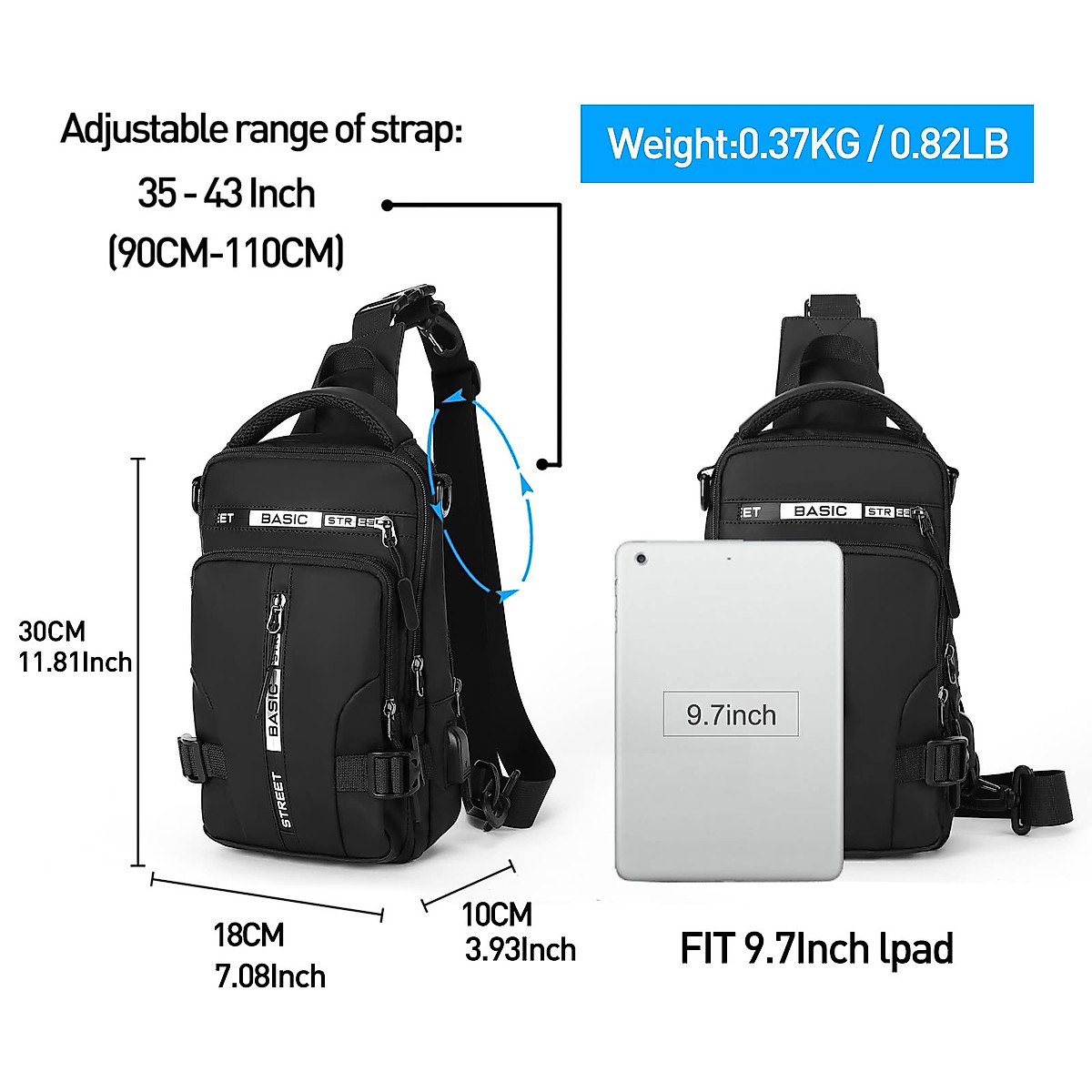 SEAFEW Anti Theft Sling Crossbody Backpack Shoulder Bag for Men, Lightweight One Strap Motorcycle Backpack Sling Bag Backpack for Hiking Walking Biking Travel Cycling with USB Charger Port
