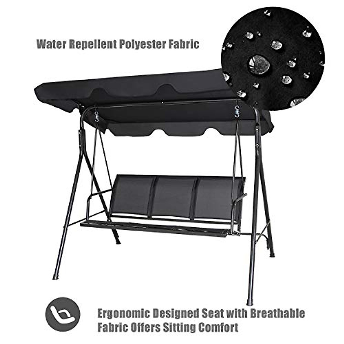 Tangkula 3 Person Patio Swing, Steel Frame with Polyester Angle Adjustable Canopy, All Weather Resistant Swing Bench, Suitable for Patio, Garden, Poolside, Balcony (Black)