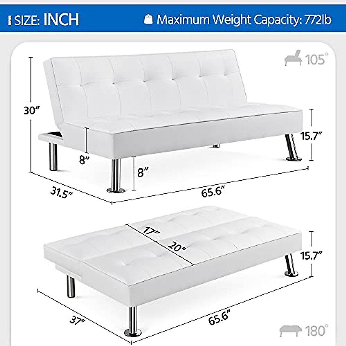 Topeakmart Convertible Sofa Bed Tufted Faux Leather Couch Bed with Chrome Metal Legs Adjustable Backrest Easily Converts to Recliner and Bed Comfortable Sofa for Living Room/Bed Room/Apartment,White