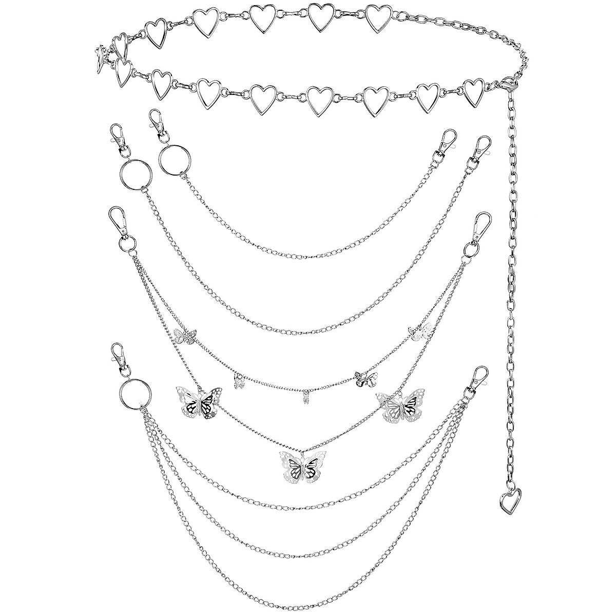 Jadive 5 Pieces Chain Belt Jeans Pants Chain Pocket Waist Chain Multi-Layer Hip Hop Metal Wallet Chain for Men Women (Butterfly,Silver)