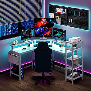 Patikuin L Shaped Desk with Power Outlets & LED Lights, 62" Computer Desk with Full Monitor Stand & Storage Shelves, Corner Desk Gaming Desk, Ergonomic Home Office Desk, White