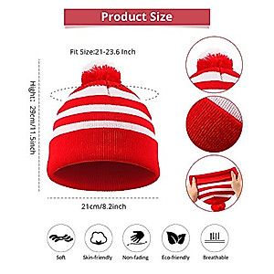 Geyoga 4 Pieces Red White Knit Beanies Hat and Glasses Frames Set Costumes Red White Pom Pom Cuff Beanie Hat and Round Retro Nerd No Lenses Glasses for Christmas Costumes Party Accessory