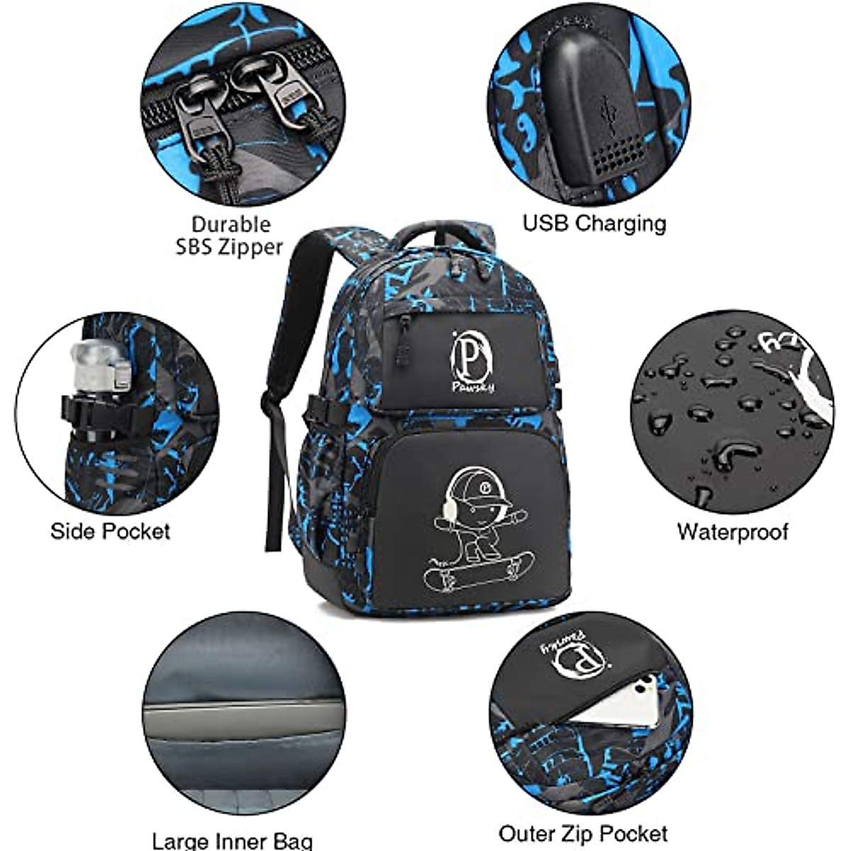 Pawsky Skateboard Anime Luminous Backpack School Backpack with USB Charging Port for Teen Boys, College School Bookbag Lightweight Laptop Bag with Sling Bag Set, Blue
