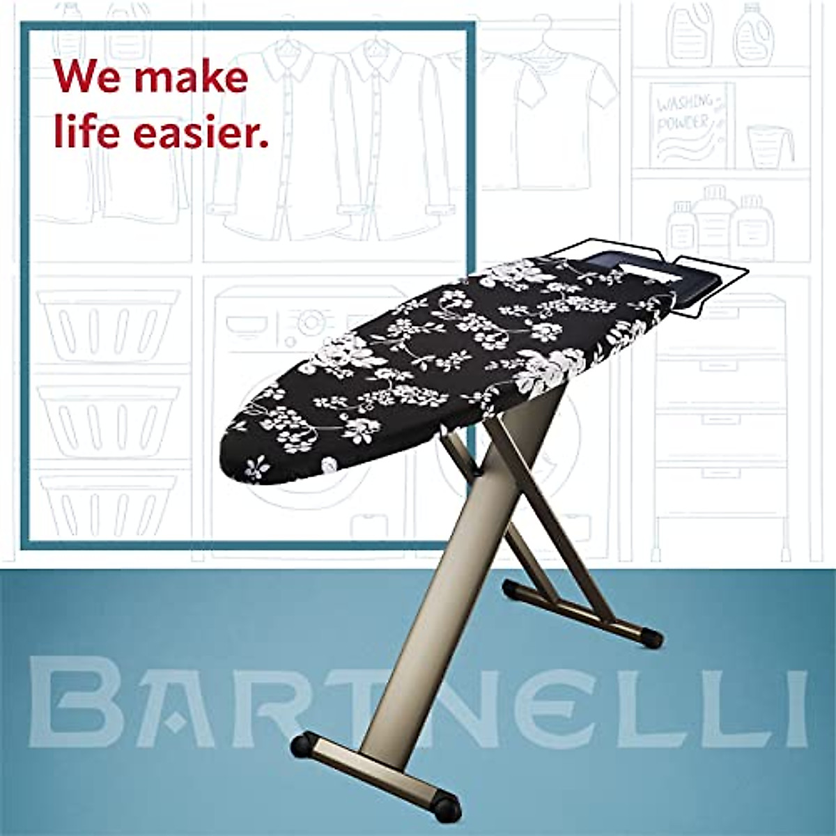Bartnelli Pro Luxury Ironing Board - Extra Wide 51x19” with Heavy Duty Steam Iron Rest, and Wheels for Easy Storage, Adjustable Height, T-Leg, Foldable, European Made
