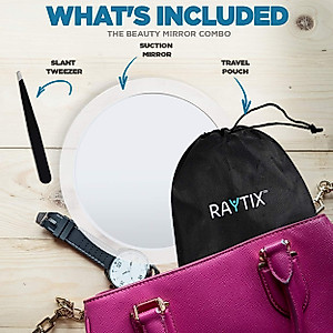 10X Magnifying Mirror & Slant Tweezers Set Makeup Application & Eyebrow Removal Essentials | Round Mirror With 3 Suction Cups & Stainless Steel Slant Tip Tweezer Use for Makeup Application 6 Inch