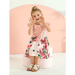 Toddler Infant Baby Girl Dress Floral Ruffle Sleeve Dresses Girls Sundress (4-5T) Pink