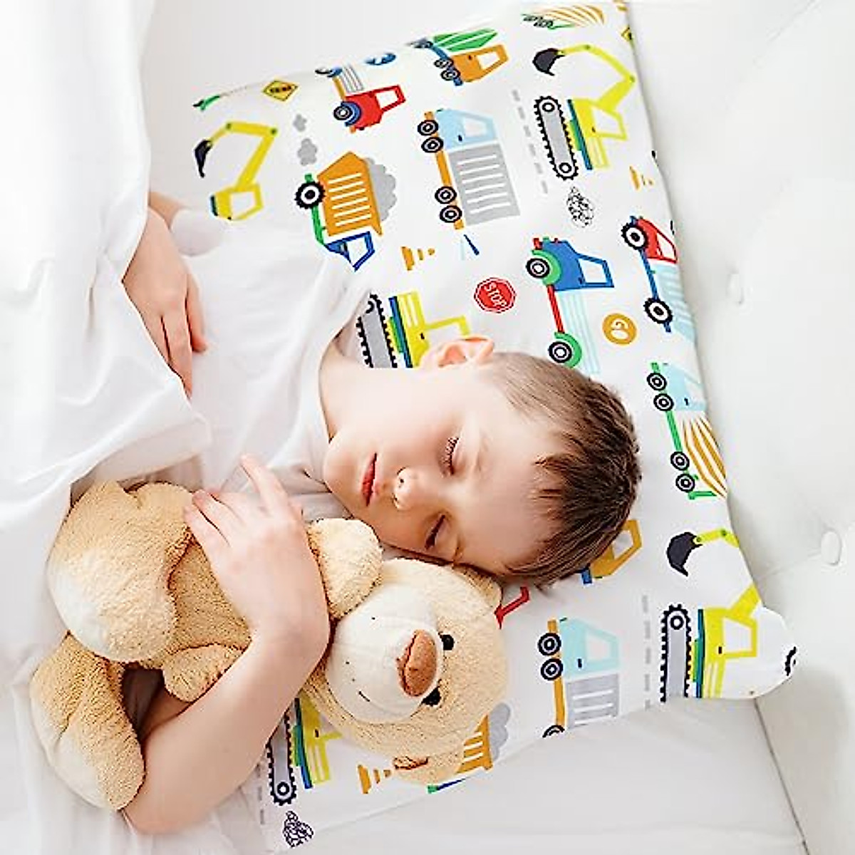 Baby Toddler Pillow with Pillowcase - 13x18 Organic Cotton Truck Pillows for Sleeping, Kids Pillow, Travel Pillows for Sleeping Nap, Mini Pillow, Toddler Bed Cot Pillows for Boy Girl 3-5 Years Old