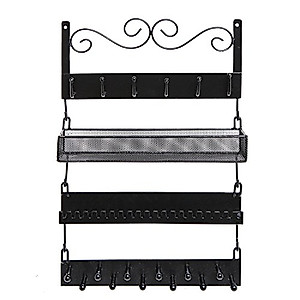 MyGift 4-Tier Wall Mounted Black Metal Hanging Jewelry Organizer with 18 Hooks, Earring Holder and Necklace, Bracelet Display Rack