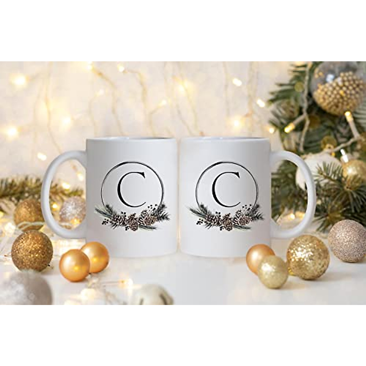 Sunday Blvd. 11oz. Coffee Mug Gift, Winter Pinecone Wreath Monogram Alphabet Letter C, Birthday Christmas Graduation Promotion Coworker Mother's Day Gift Idea, 1-Pack