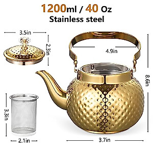Haosens Teapot with Removable Infuser 40 Oz, 1200ml Stainless steel Coffee & Tea Pots - Perfect filter for Loose Leaf Tea or Tea Bags (Golden)