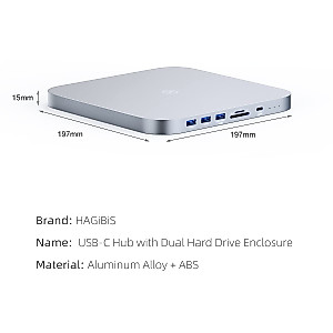 Hagibis USB-C Hub with Dual Hard Drive Enclosure, Type-C Docking Station for Mac Mini M2, Mac Studio M1 Max Ultra with 2.5inch SATA, M.2 NVMe NGFF, USB 3.1 Gen2, USB-C, SD/TF, 2 USB 3.0 (MC25 Pro)