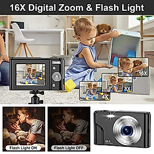 Digital Camera for Teens Kids, 1080P 48MP Kids Camera with 32GB SD Card, 2.4 Inch LCD Screen Kids Digital Camera with 16X Digital Zoom, Compact Kid Camera for Kids Girls Boys Adults Beginners (Black)