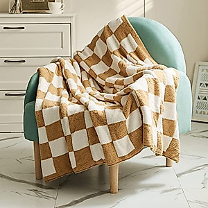 Checkerboard Throw Blanket Soft Cozy Khaki Blanket Reversible Fleece Checker Blanket for Couch Sofa Winter Warm Fuzzy Bed Knitted Blanket 60×80 Inches