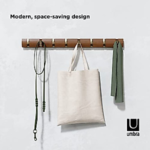 Umbra Flip Wall-Mounted Coat Rack Rail Hook for Hats, Jackets, Bags and More – Modern, Space-Saving Storage Organizer for Entryway, Mudroom, Closet, Bathroom, Bedroom, Kids Room, or Nursery, 8 Hooks, Light Walnut/Gold