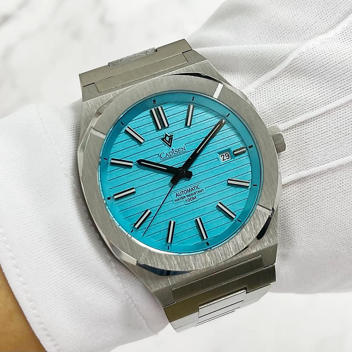 CADISEN Design Men Watches Mechanical Automatic Watch 100M Waterproof Brand Luxury Wristwatch (Light Blue)
