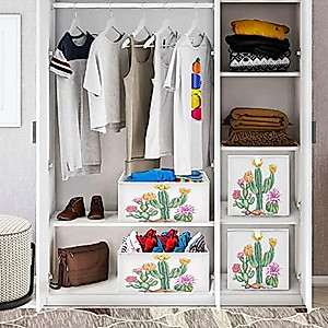 Kigai Cactus Flower Rectangular Storage Bins - 16x11x7 In Large Foldable Storage Basket Fabric Storage Baskes Organizer for Toys, Books, Shelves, Closet, Home Decor
