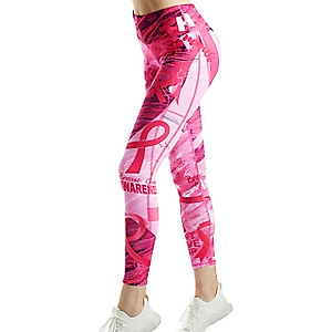 COOLOMG Breast Cancer Awareness Women Leggings Yoga Pants Workout Running Tights with Side Pockets Rosa Ribbon Printed XL