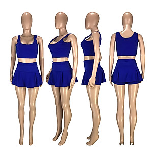 Womens Casual Sports 2 Piece Outfits Skirt Sets Athletic Tank Crop Top Tennis Golf Skorts Skirts Activewear (SM9158-Royal Blue,L)