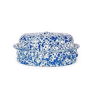 Enamelware Oval Covered Roaster, 3 quart, Blue/White Splatter