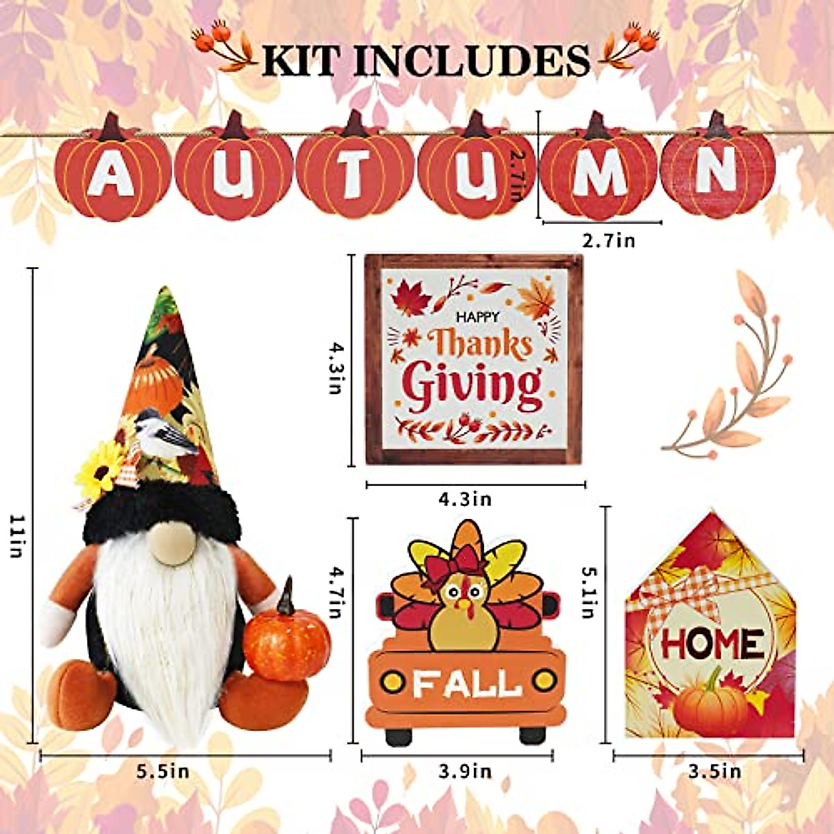 Thanksgiving Decorations, Fall Thanksgiving Tiered Tray Decor Bundle , Thanksgiving Gnome Plush,Fall Wood Signs for Fall Harvest , Thanksgiving Day, Autumn Home and Office Decor -(Tray Not Included)