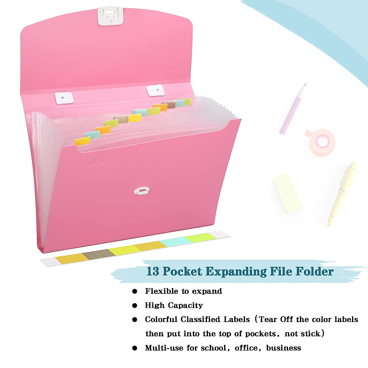 Pink 13 Pocket Expanding File Folder, Accordion File Organizer Letter Size, Document Folder Organizer Expanding File Folder with Handle for School, Office, Home