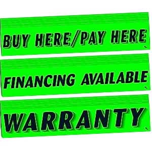 Versa Tags Windshield Slogan Stickers 12 Pack of Buy HERE Pay HERE Stickers 12 Pack of FINANCING Available Slogans 12 Pack of Warranty Window Stickers (36) Dealership Stickers Black On Green