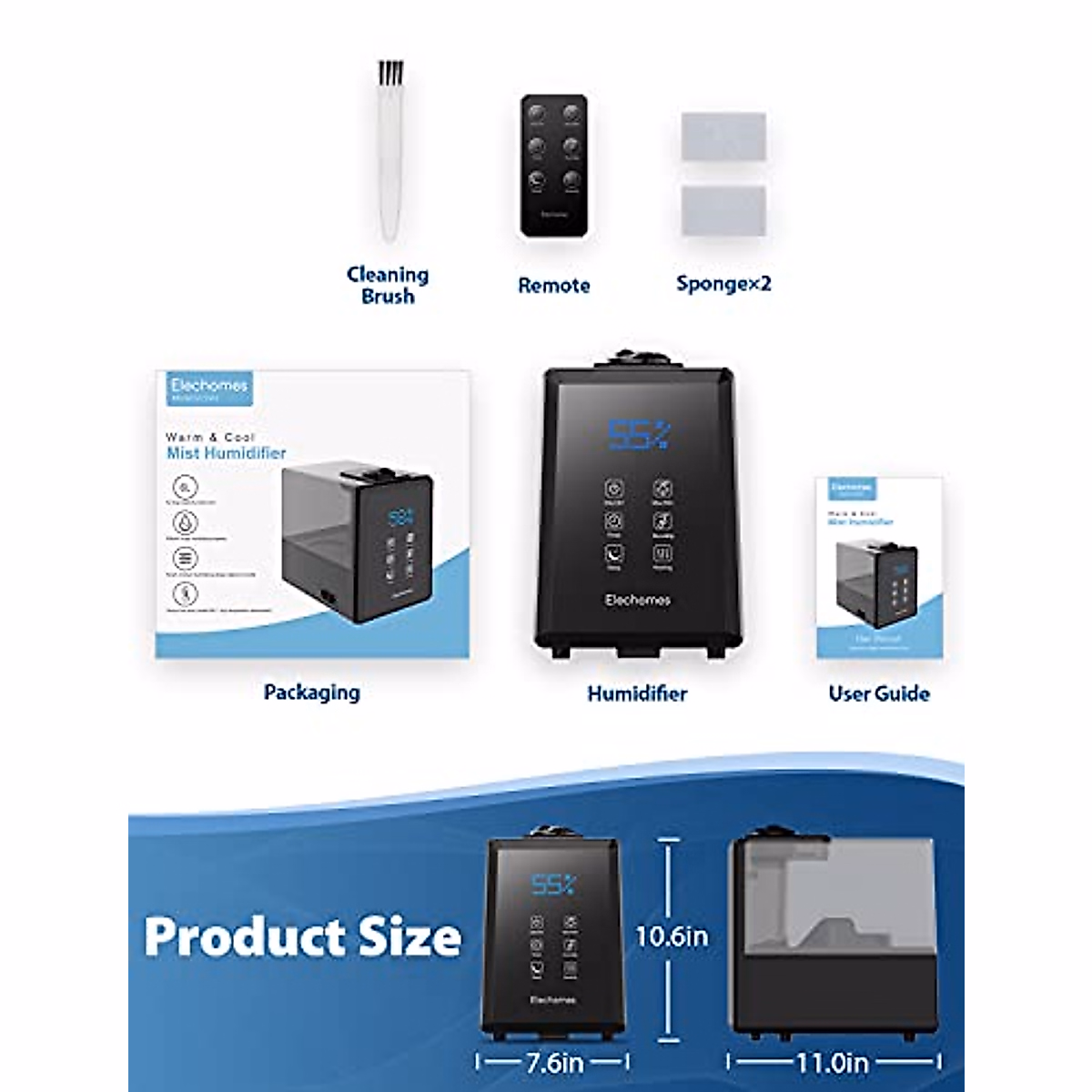 Elechomes Humidifiers for Bedroom (6L), Ultra-Quiet Warm and Cool Mist Humidifiers for Home, Baby and Plants, Customized Humidity, Sleep Mode, Timer, UC5501, Black