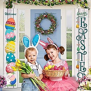 Whaline Easter Decoration Porch Sign, Welcome Happy Easter Hanging Banners, Easter Bunny Eggs Door Hangers for Spring Home Garden Indoor Outdoor Porch Wall Decoration