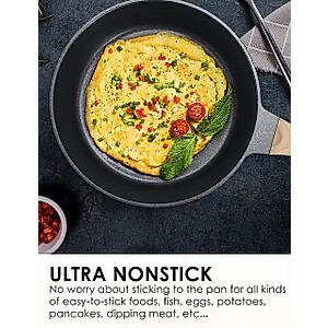 TAMASAKI 11 Inch Nonstick Medical Stone Skillet No Fumes Frying Pan Household Nonstick Cookware Stone-Derived Coating with Glass Lid Black