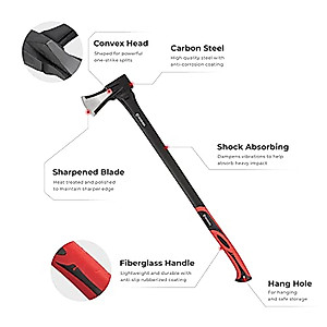 INTERTOOL 35-inch Splitting Maul, Wood Splitter Axe for Logs, 5 lb / 2270 g, Shock Absorbing Fiberglass Anti-Slip Handle with Blade Cover HT-0275