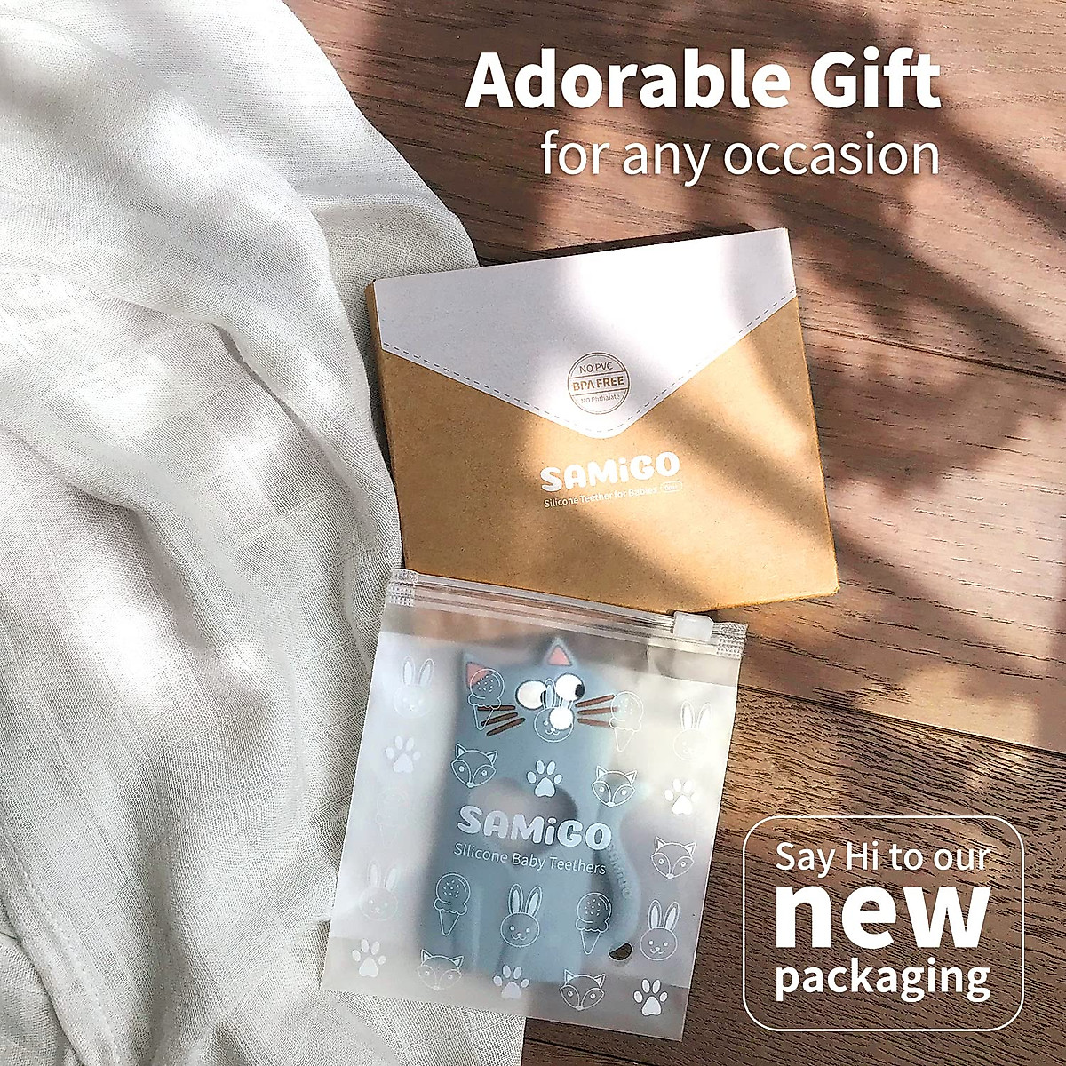 SAMiGO Baby Teething Toys Silicone Teether for Babies 0-6 and 6-12 Months Baby Chew Toys for Infant Boys and Girls - Blue Cat