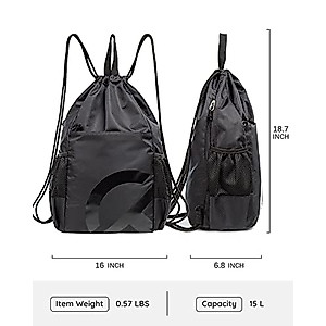 TRAILKICKER Drawstring Backpack Bag Basketball Football Volleyball Mesh Gym Sports String Drawstring Bag Waterproof for Men &Women with Smooth Zipper and Two Mesh Water Bottle Holder (Black)