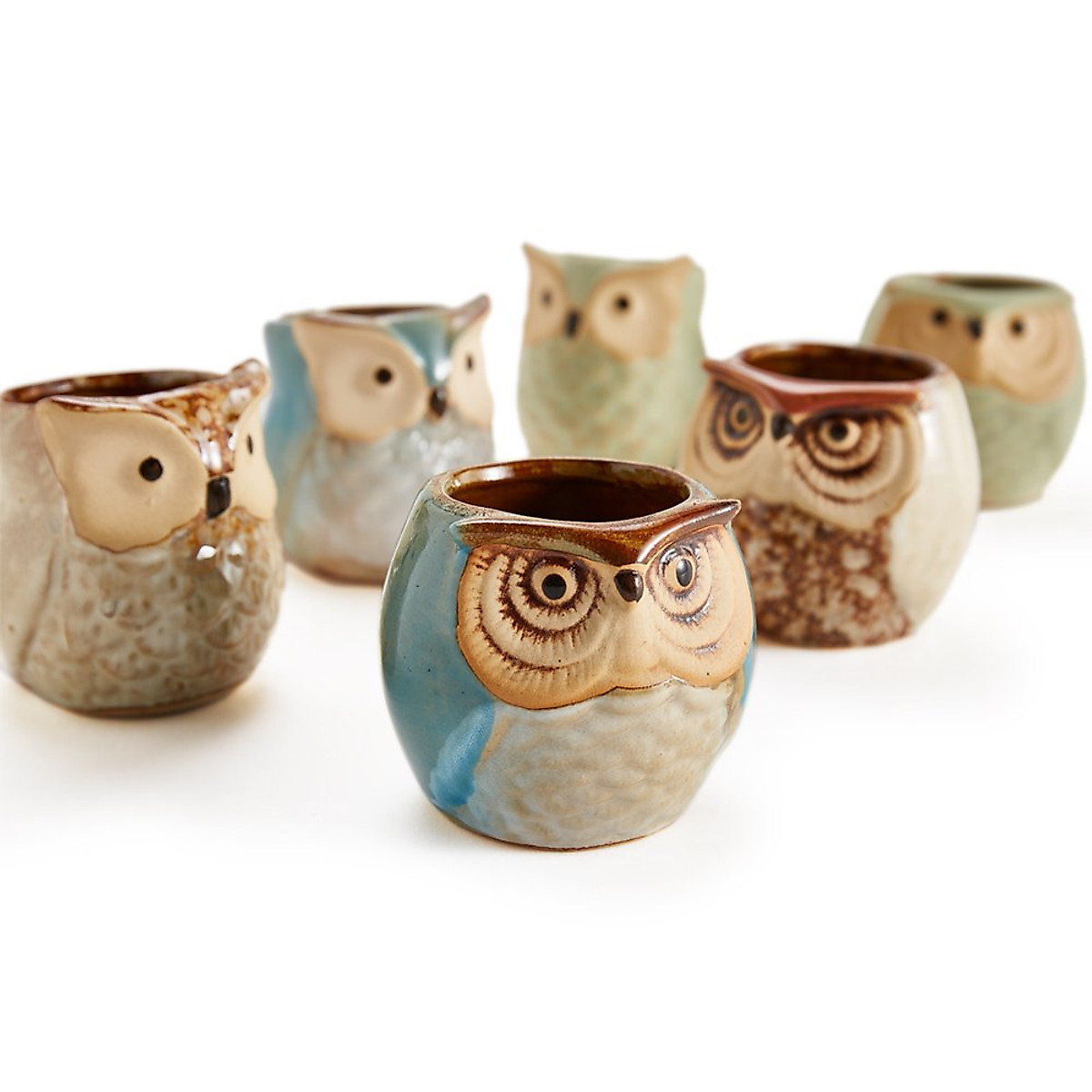 SUN-E SE Owl Pot Ceramic Flowing Glaze Base Serial Set Succulent Plant Pot Cactus Plant Pot Flower Pot Container Planter with Drainage Hole Home Office Desk Garden Gift Idea 6pcs 2.5 Inch