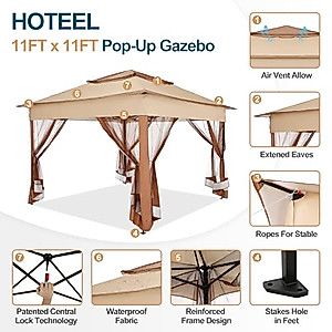 COBIZI 11x11 Pop Up Gazebo Canopy Tent Easy Up Outdoor Gazebo Waterproof Upgrade Portable Gazebo with Mosquito Nettings, Double Vented Roof and Carry Bag for Patio Garden Lawn(Khaki)