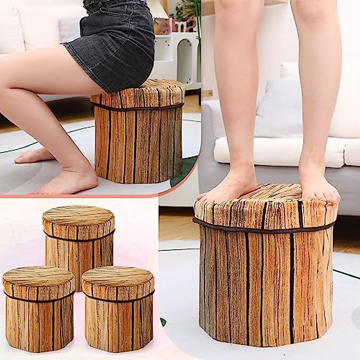 Amylove 3 Pack Tree Stump Storage Stool 12 x 12 Inch Stool Ottoman, Cute Folding Storage Toy Box with Foam Cushion, Collapsible Seat Chest (Novel)