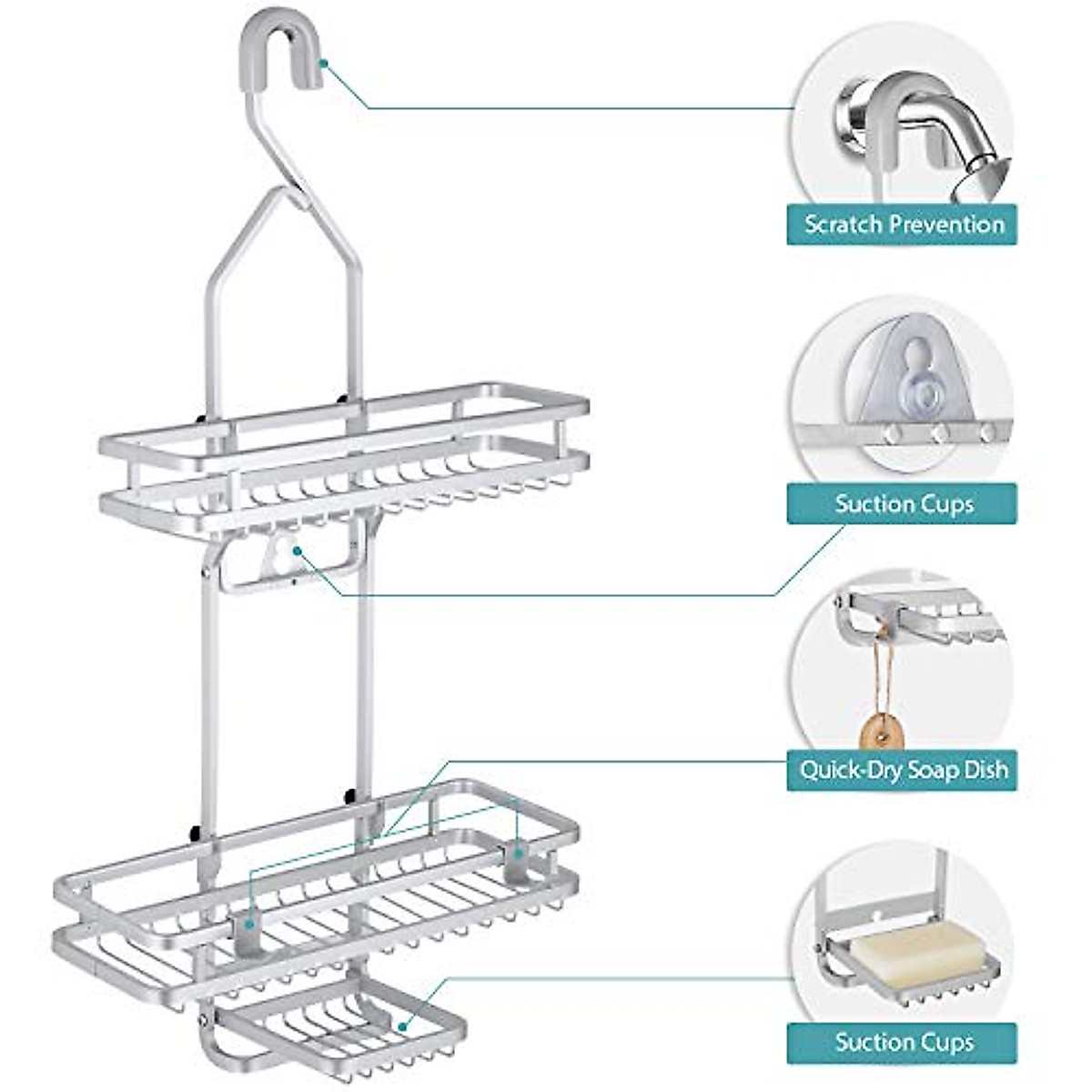 Auledio 3-Tier Shower Caddy, Adjustable Bathroom Hanging Shower Organizer Storage with Sorters Basket and Hooks , Fits Shampoo, Conditioner, Towels , Soap and More
